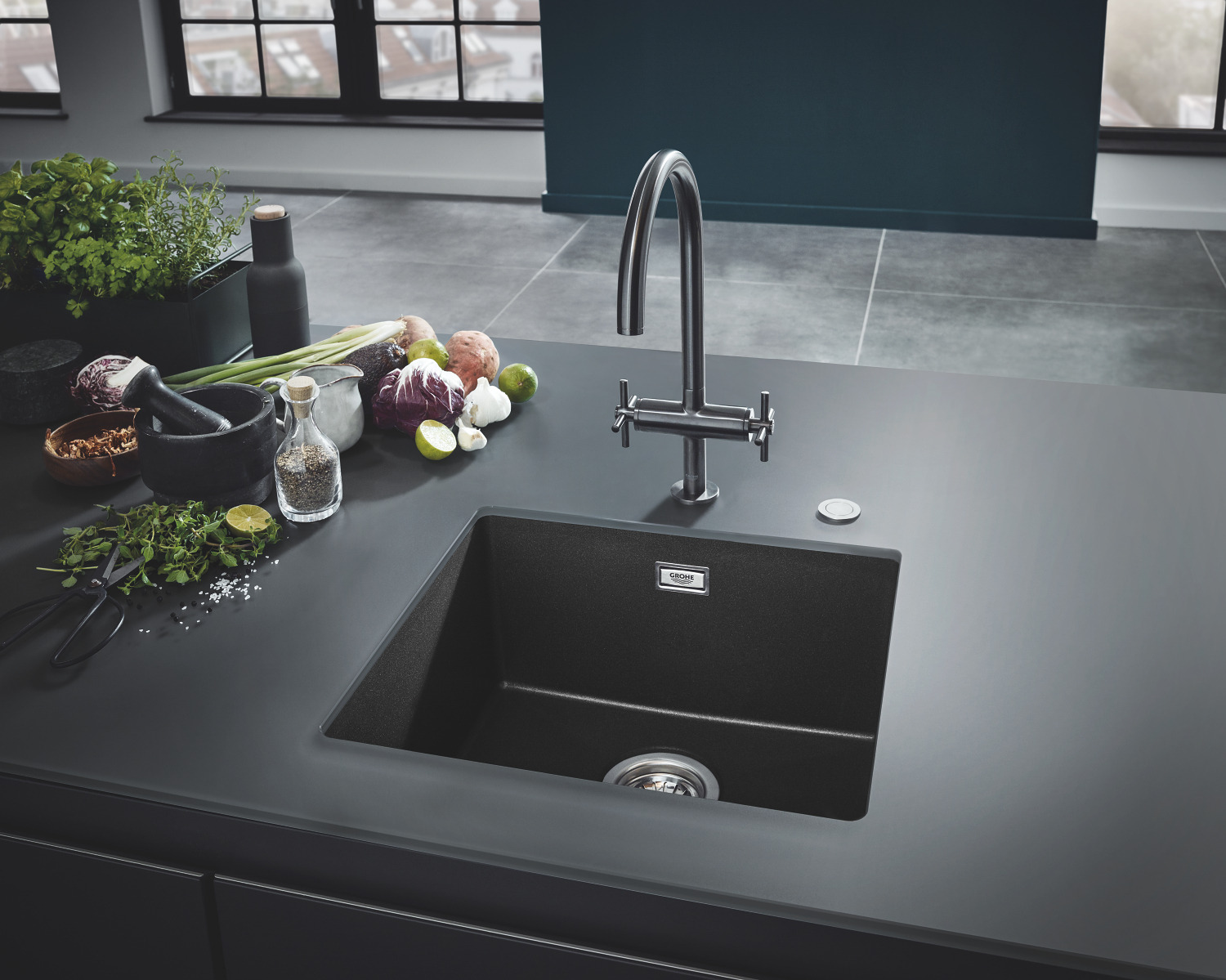 Grohe K700 Evier de Cuisine à encastrer par dessous Quartz Noir Granite ...